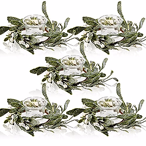 5 Pieces Pillar Candle Rings Wreaths Artificial Mistletoe Wreaths with Pearl Accents Country Primitive Candle Lambs Ear Wreath for Wedding Table Party Home Decor, 3.1 Inch Inner Diameter