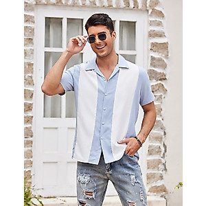 COOFANDY Men's Casual Button Down Shirts Retro Bowling Shirts Beach Wear Clothing Light Blue White