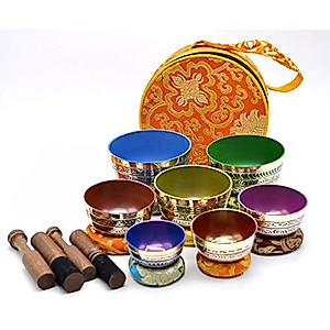 Chakra Healing Tibetan Singing Bowl Set~ Seven Chakra Color with Symbols ~Sizes from 2.5" to 5” for Meditation,Sound Healing, Sound Therapy & Mindfulness ~ Mallets, Cushions & Carrying Case included