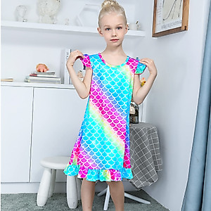 Fiodrimy Girls Nightgowns Unicorn Sleepwear Night Sleep Dress Pajamas Little Kids Toddler Soft Nightgown (Rainbow Mermaid, 4-5 Years)