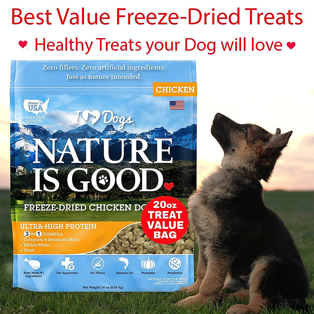 iHeartDogs Nature is Good Freeze-Dried Dog Treats - Vet-Approved, Filler-Free Raw Dog Treats - Chicken, 20 oz Value Pak