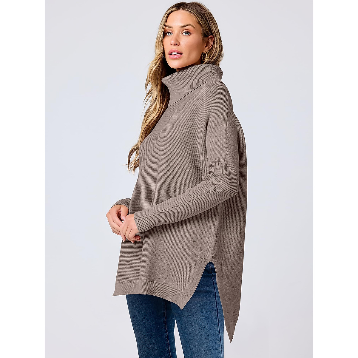 ANRABESS Women's Oversized Turtleneck Batwing Sleeve Spilt Casual Loose Knit Tunic Pullover Sweater Tops 2025 Fall Outfits Brown Small