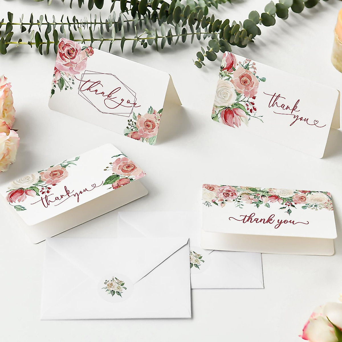 Artoid Mode 36 Pack Rose Floral Thank You Cards Wedding Greeting Cards Gift With Envelope Sticker Blank Note Cards for Birthday Wedding Baby Shower Bridal Shower, 4 x 6 Inch