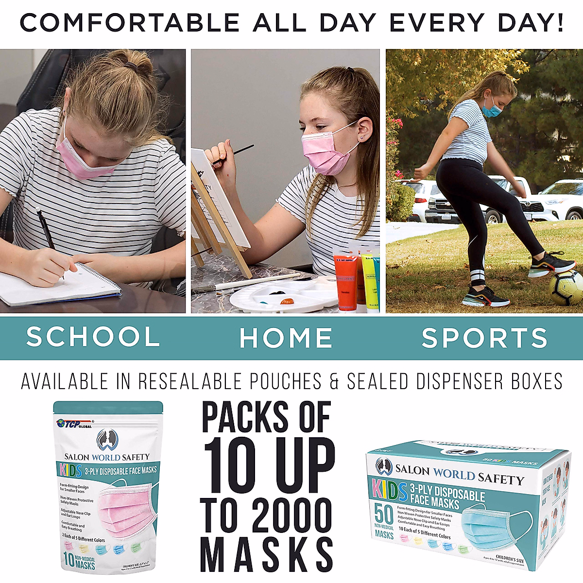 TCP Global Salon World Safety - Kids Face Masks 100 Pk 3-Ply Protective PPE (5 Colors, 20 Each)