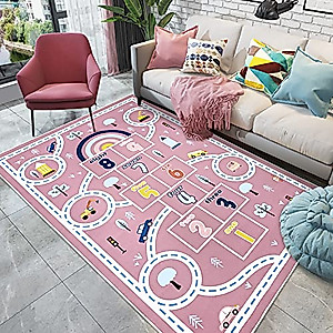 Abeigoi Hopscotch Car Rug 4x6Ft Kids Play Rug Mat Pink Bedroom Playroom Carpet for Girls Boys Nonslip Classroom Rug Children Numbers Educational Throw Area Rugs for Girls Room Decor
