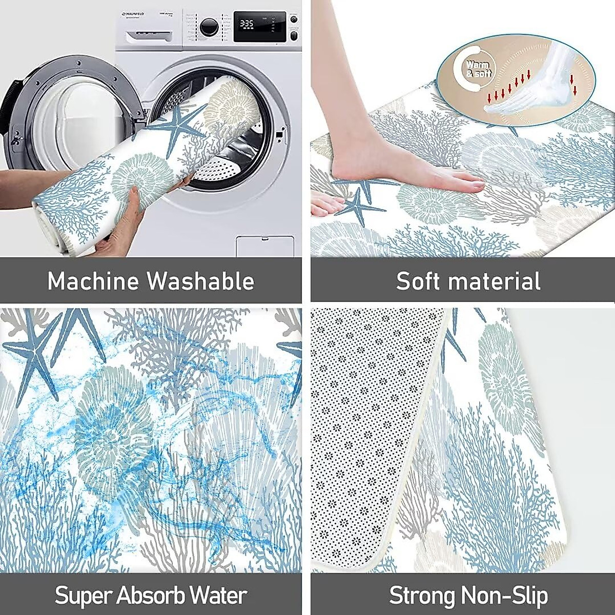 Beach Coastal Runner Rug for Hallway 2x6 Starfish Ocean Theme Throw Rug Teal Blue Area Rug Nautical Hallway Rugs Non-Slip Floor Carpet for Bedroom Laundry Room Entrance Door Mat Washable Kitchen Rugs