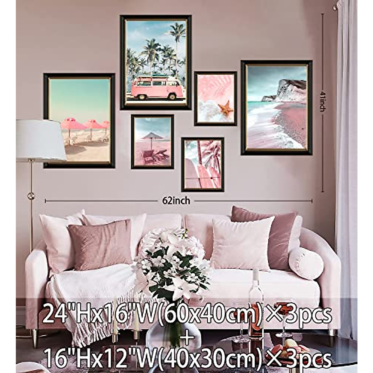 6 Set Large Beach Wall Art for living Room Bathroom Pink and Blue Seascape Themed Picture Poster Print Wall Decor Beach Chairs Starfish Surfboard Palm Tree for Teens Girl Home Decorations Unframed