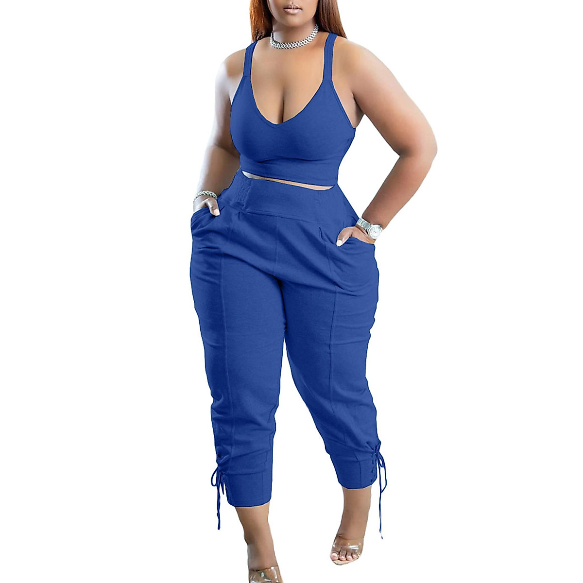Doweha Two Piece Outfits for Women Sexy Summer Joggers Crop Tank top Sweatsuits Biker Short Set Matching Sets Tracksuit Jumpsuit Blue XL