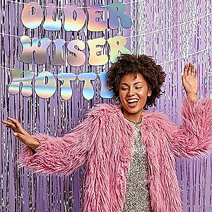 Pre-Strung Older Wiser Hotter Birthday Banner - NO DIY - Iridescent Birthday Party Banner - Pre-Strung on 8 ft Strands - Holographic Shiny Foil Birthday Party Decorations & Decor. Retro 70s Birthday