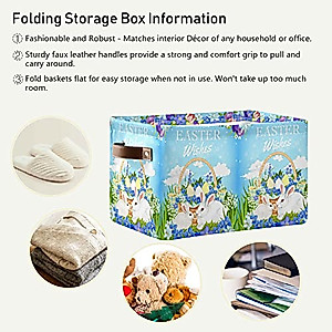 Foldable Storage Basket, Cube Organizer Bins Easter Egg Basket with Bunnies and Spring Flower Cube Bag Dual Handles for Closet Shelf