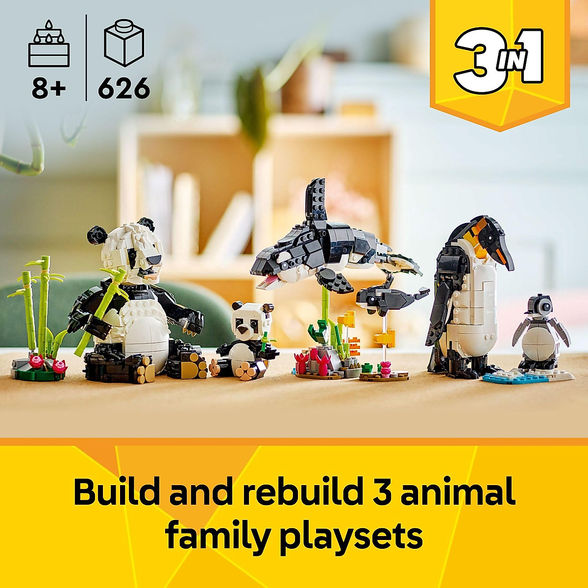 LEGO Creator 3 in 1 Wild Animals Panda Family - Building Toy with 3 Building Options, Panda, Penguin, or Orca - Animal Figures for Kids, Girls and Boys, Ages 8+ - Gift Idea for Birthdays - 31165