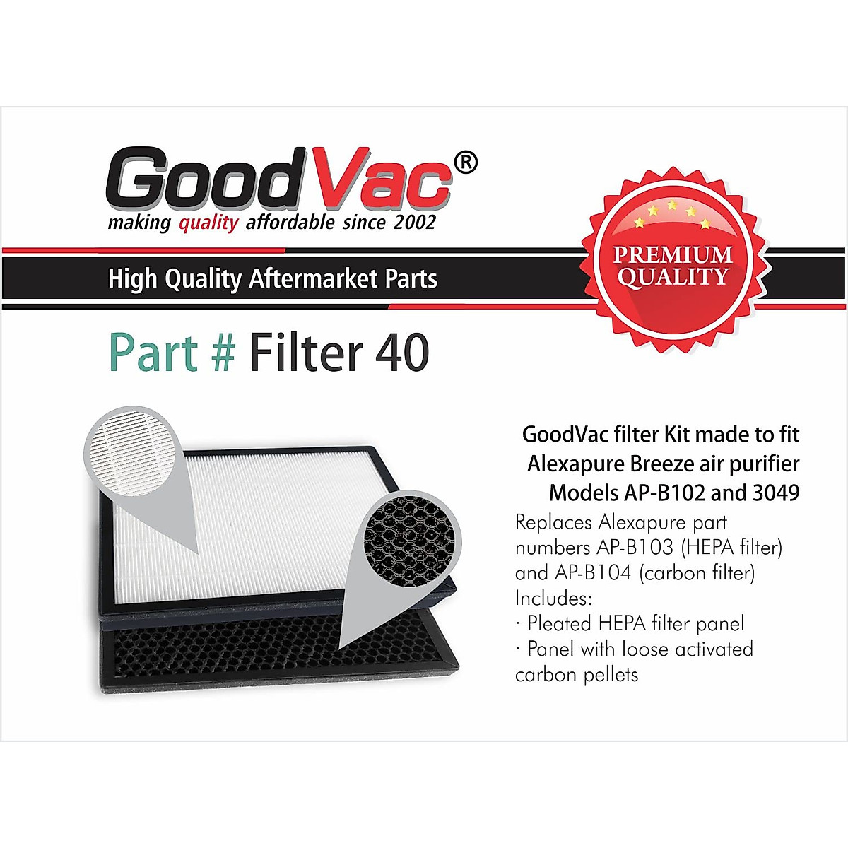 GOODVAC HEPA Filter Kit Compatible with Alexapure Breeze AP-B102 / 3049 Air Purifiers