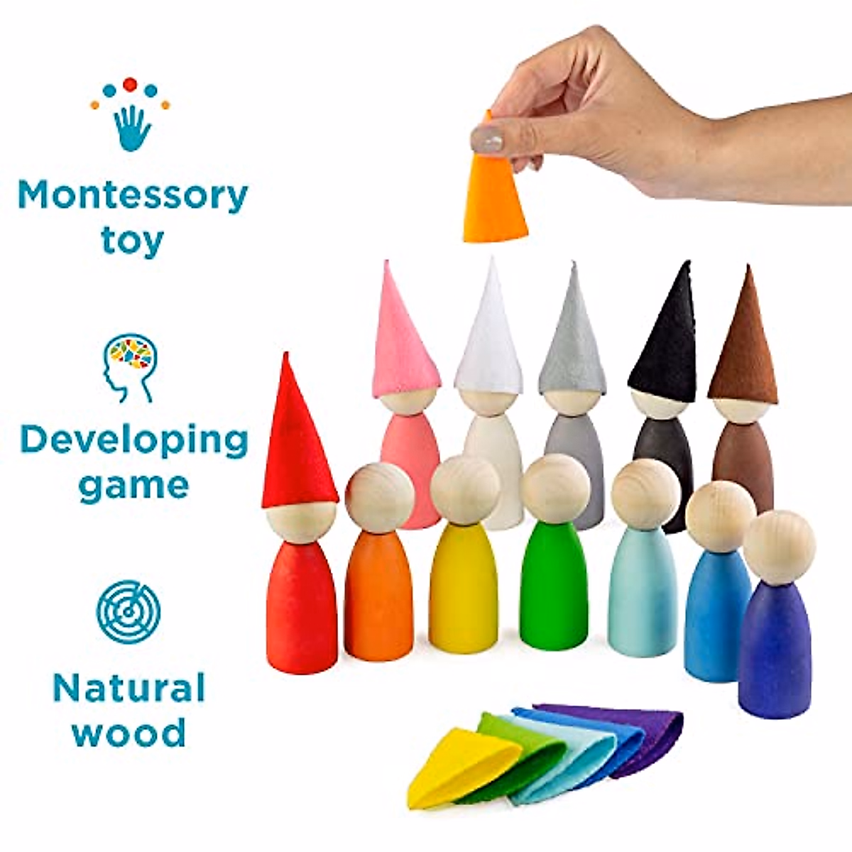 Ulanik Large Peg Dolls with Hats Toddler Montessori Toys for 3 Year Old + Kids Wooden Waldorf Dolls for Learning Color Sorting and Counting — 12 Gnomes, 3.35 in