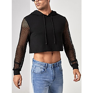 WDIRARA Men's Fishnet Mesh Long Sleeve Drawstring Crop Hoodie Sweatshirt Pullover Black M