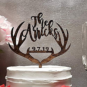 Personalized Antler Wedding Cake Topper, Script Name Wedding Cake Topper, Rustic Wedding Cake Topper, Country Wedding Cake Topper, Personalized deer topper, Stained wood topper for wedding