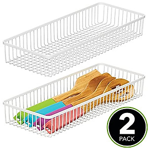 mDesign Metal Farmhouse Kitchen Cabinet Drawer Organizer Basket Tray, Shallow Storage Bin for Cutlery, Serving Spoons, Cooking Utensils, Appliances, Gadgets, Unity Collection, 15" Long, 2 Pack, White