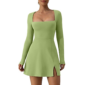 QINSEN Womens Light Green Mini Dress Long Sleeve Square Neck Side Slit Tennis Dresses L