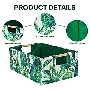 ANMINY 2PCS Storage Bins Set Foldable Cotton Linen Fabric Open Storage Baskets Box Cube with Wood Handles Decorative Nursery Baby Kid Toys Clothes Towel Laundry Container - Green Leaves, Large