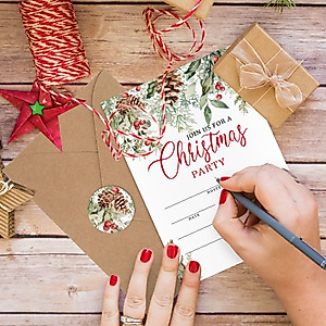 JarThenaAMCS 25 Pack Christmas Party Invitations Watercolor Pine Cone Green Leaves Invitaion Paper Cards with Envelopes Sticker Xmas Invites for Bridal Shower Baby Shower Rehearsal Dinner Party