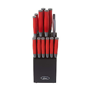 Oster Lindbergh 14 Piece Stainless Steel Cutlery Black Block Set, Red Handles (Pack of 1)