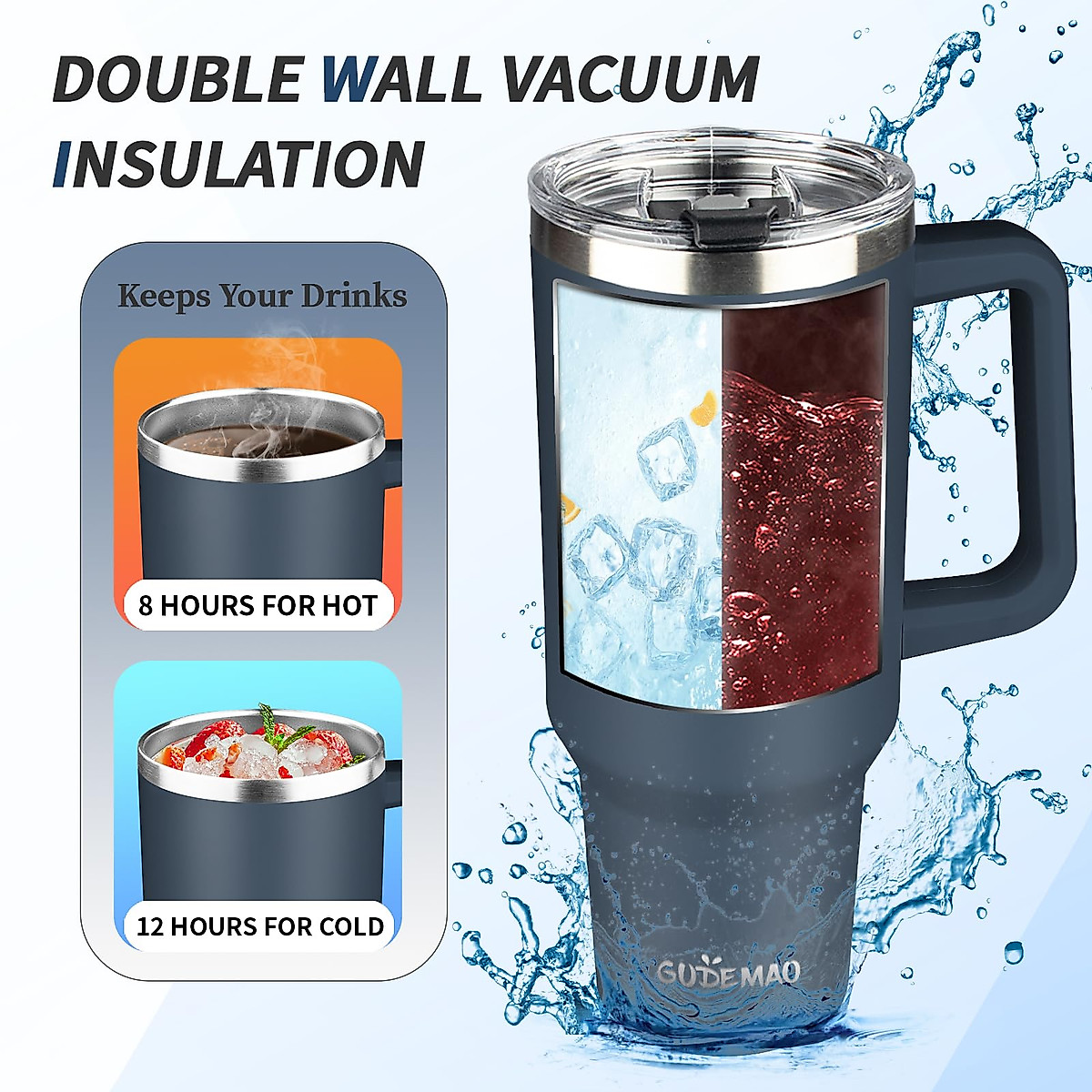 GUDEMAO 40 oz Tumbler with Handle, Insulated Tumbler with Lid and Straw, Reusable Stainless Steel Vacuum Insulated Cup, 100% Leak Proof Thermal Travel Coffee Mug Cup for Cold and Hot (Deep Blue)