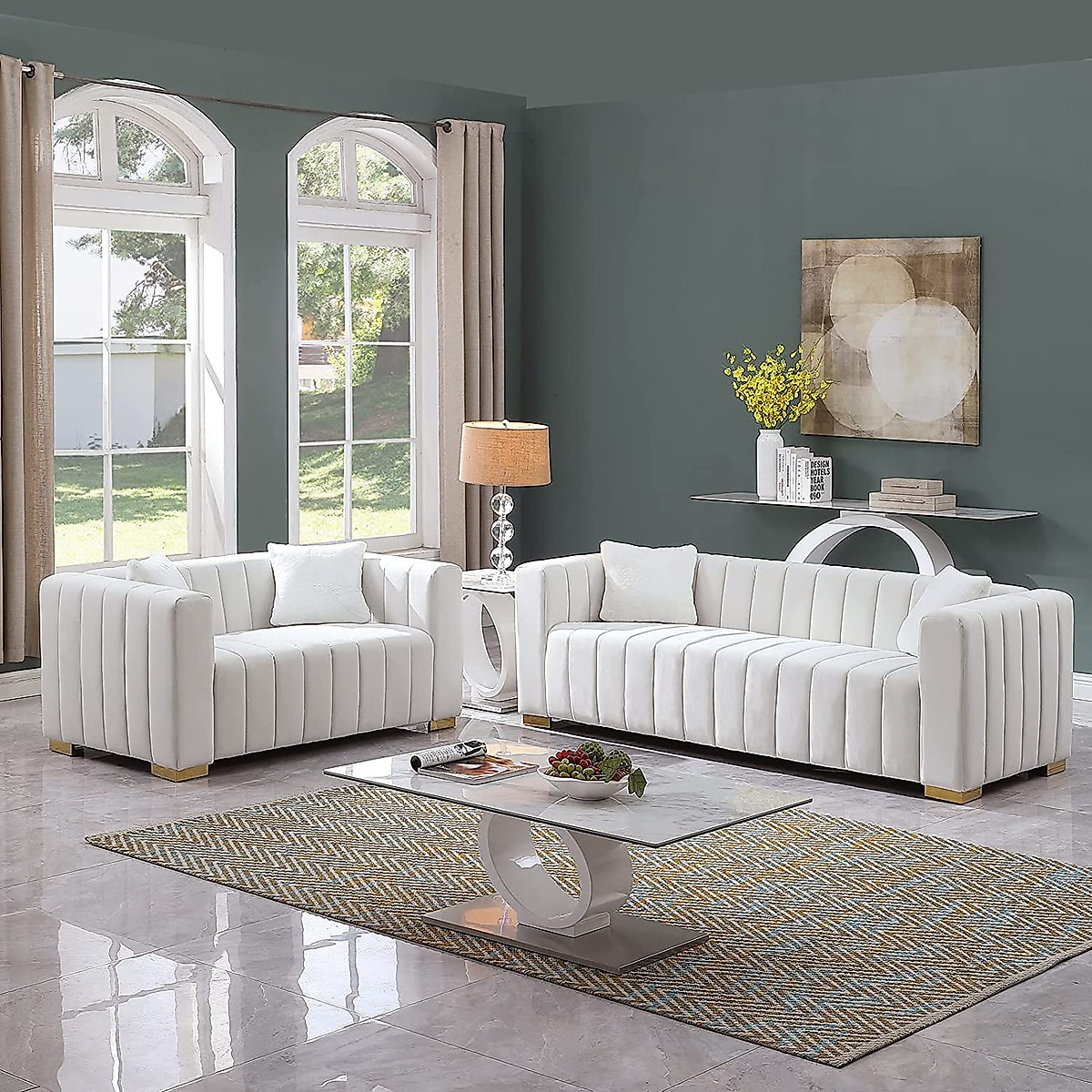 JURMALYN White Sectional Sofa Couch for Living Room 3 Seater Chesterfield Sofa Velvet Sofa Couch with Strong Gold Metal Legs for Bedroom Living Room Furniture 87"