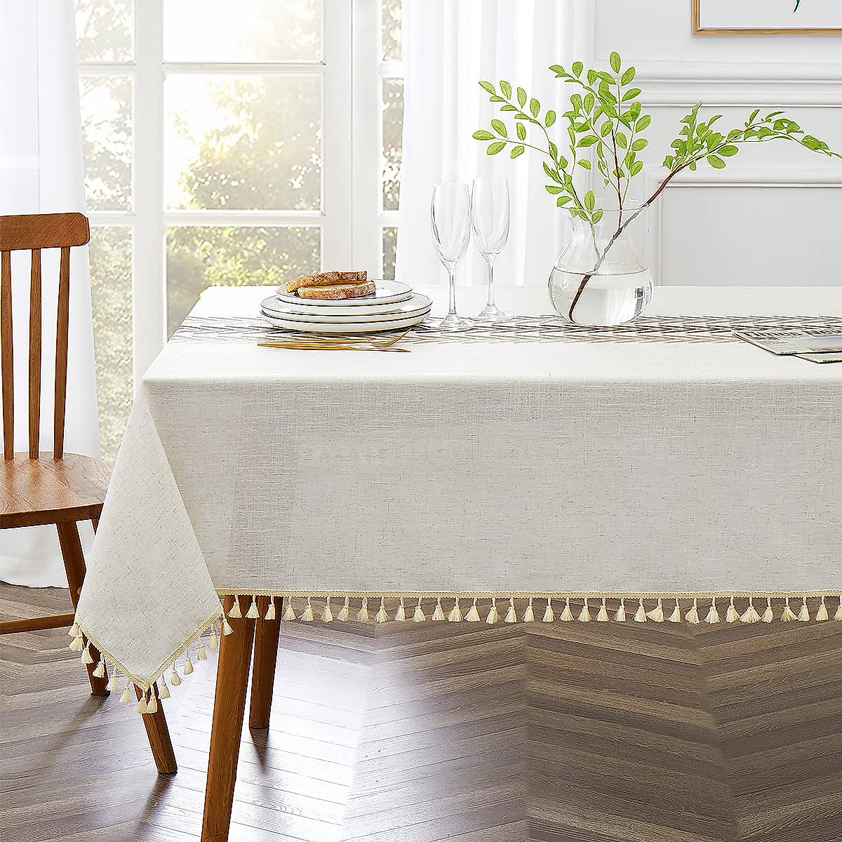 QIANQUHUI Embroidered Tablecloth for Dining Table,Dust Proof Spillproof Soil Resistant Cotton Linen Rectangle Table Cloths (Coffee Wheat, Rectangle/Oblong, 55'x70'', 4-6 Seats)