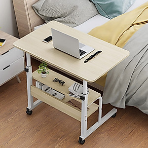 curfair Portable Rolling Laptop Desk Cart, 31.5" Adjustable Laptop Desk Cart Small Standing Desk on Wheel, Mobile Computer Desk Workstation with Shelves, Home Office Desk for Small Space (Beige)