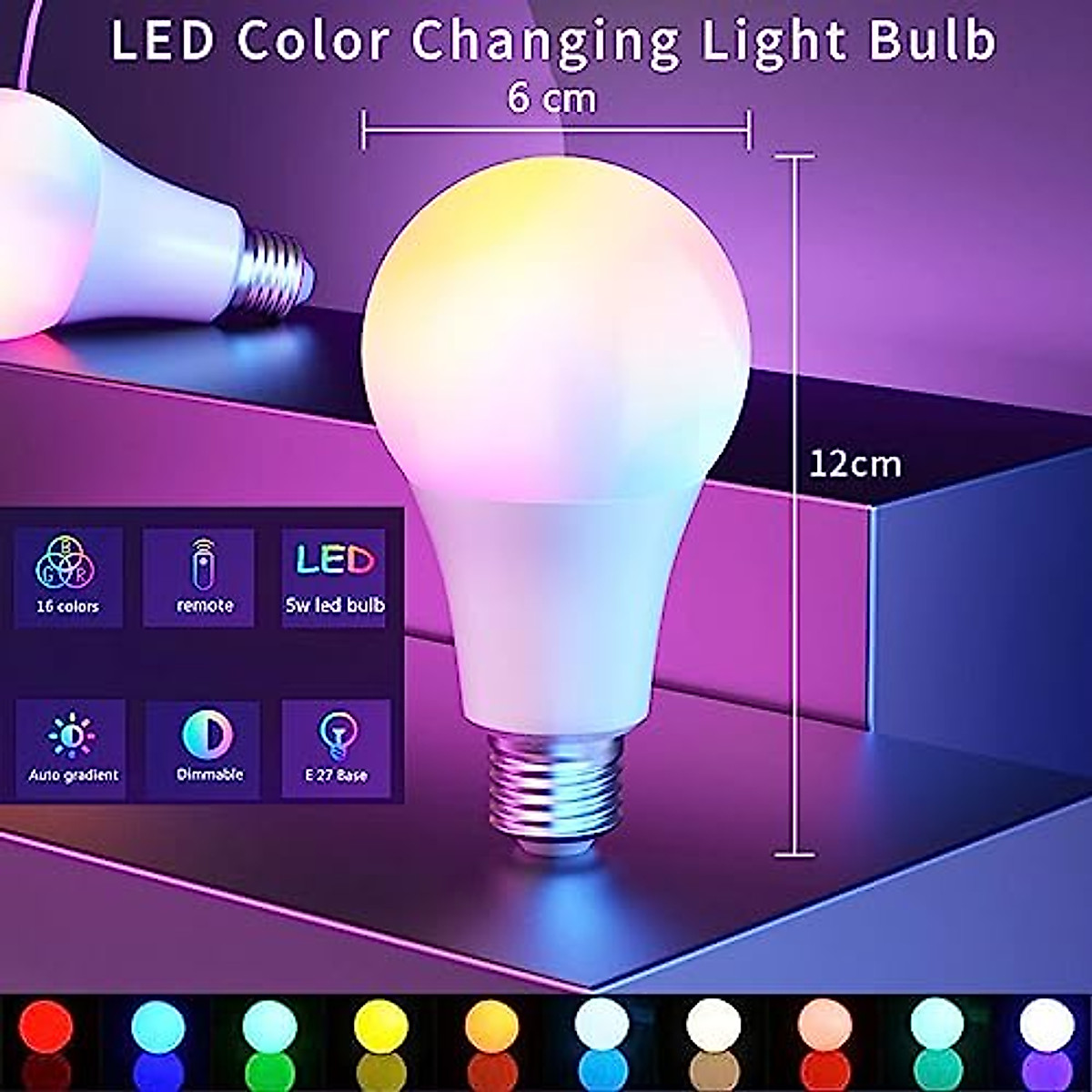 YKNAWOIR RGB Color Changing Light Bulb with Remote Control, RGBW LED Light Bulb A19 E27 White 5W 450LM 12 Color Choices Multicolor Dimmable Flood Light Bulb for Party Bedroom Home
