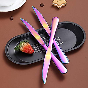 Rainbow Steak Knife Set, Kyrtaon Colorful Serrated Knife, Titanium Mutil-color Plating Stainless Steel Sharp Knives Set, Dinner Knifes Set of 4, Dishwasher Safe Sturdy And Easy To Clean