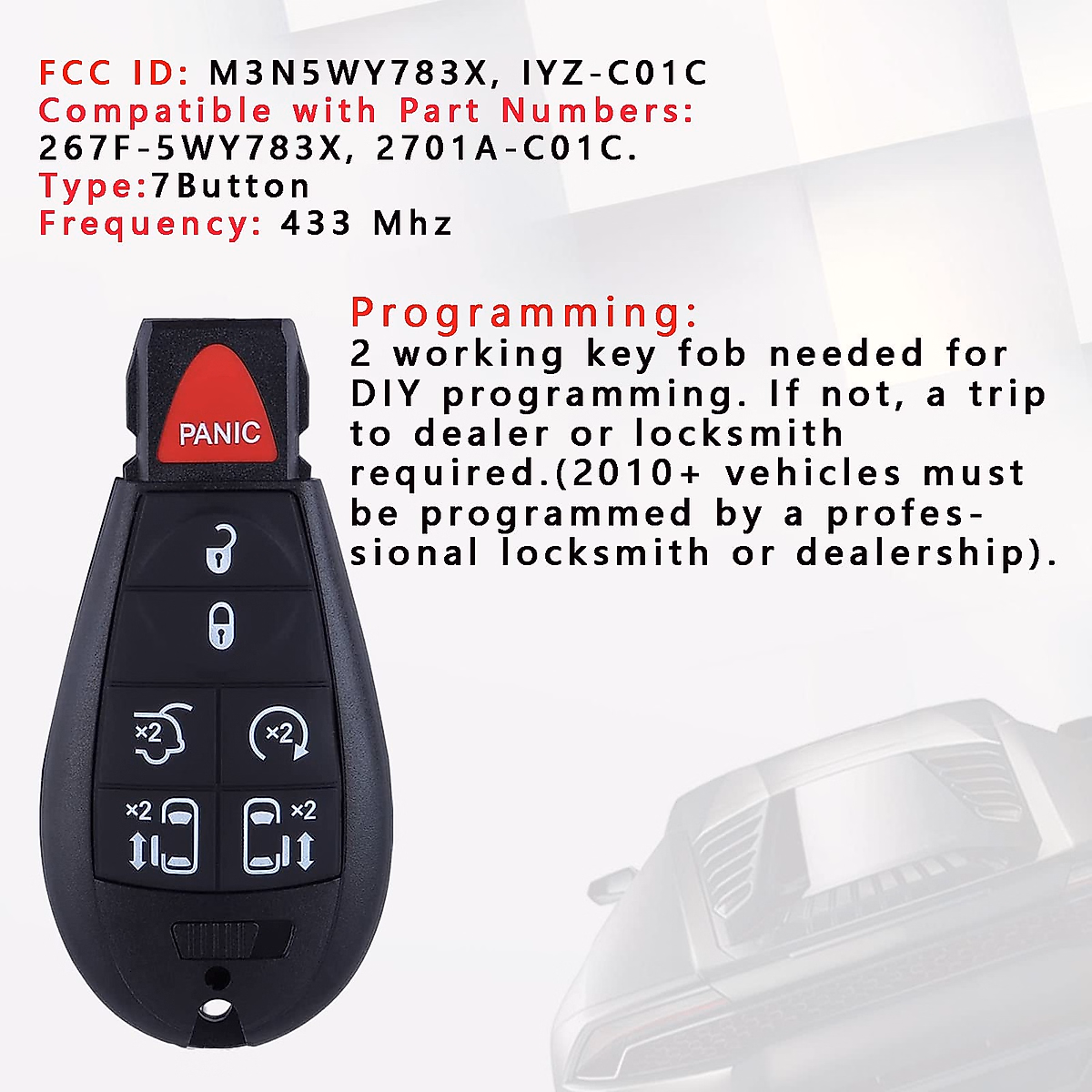 7 Buttons Keyless Entry Remote Control Car Key Fob for Dodge Grand Caravan 2008-2018 Chrysler Town and Country 2008-2016 (M3N5WY783X) Pack of 2