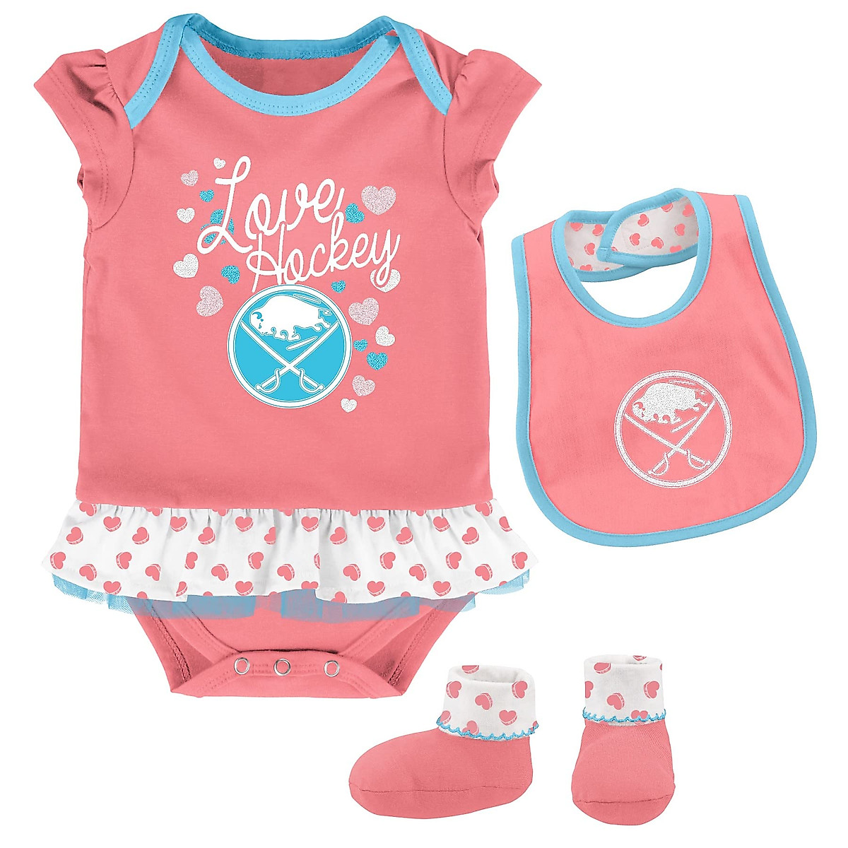 Outerstuff NHL Newborn (0M-9M) Pink Love Hockey Creeper Bib and Bootie Set, Buffalo Sabres, 0M-3M