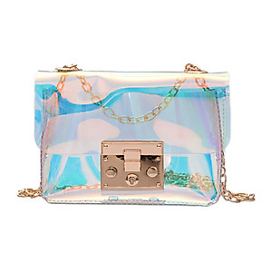 Holographic Clear Purse Crossover Shoulder Messenger Bag Laser Sling Purse with Golden Chain, Transparent