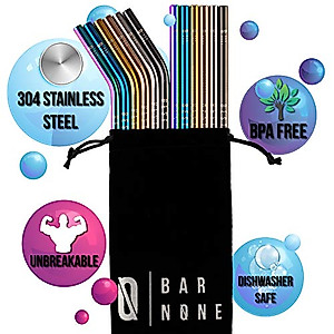 BAR NONE Best Straws Set of 12 | 10.5" Long Wide Rainbow Multi Colored Stainless Steel Metal Drinking Straws Reusable Straight & Curved Cleaning Brushes & Silicone Tips Straw Brush Cup Drinks