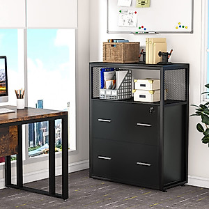TRIBESIGNS WAY TO ORIGIN 2 Drawer File Cabinet with Lock, Large Lateral Filing Cabinet for Letter/Legal / A4 Size, Wood Printer Stand with Open Storage Shelves for Home Office (Black)