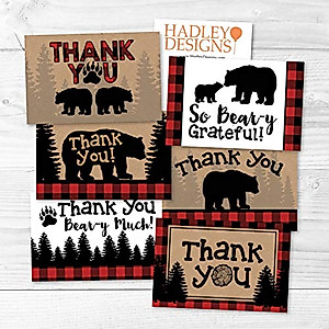 24 Bear Lumberjack Thank You Cards With Envelopes, Kids or Baby Shower Thank You Note, Rustic Zoo Animal 4x6 Varied Gratitude Card Pack For Party, Girl Boy Children Birthday, Modern Event Stationery
