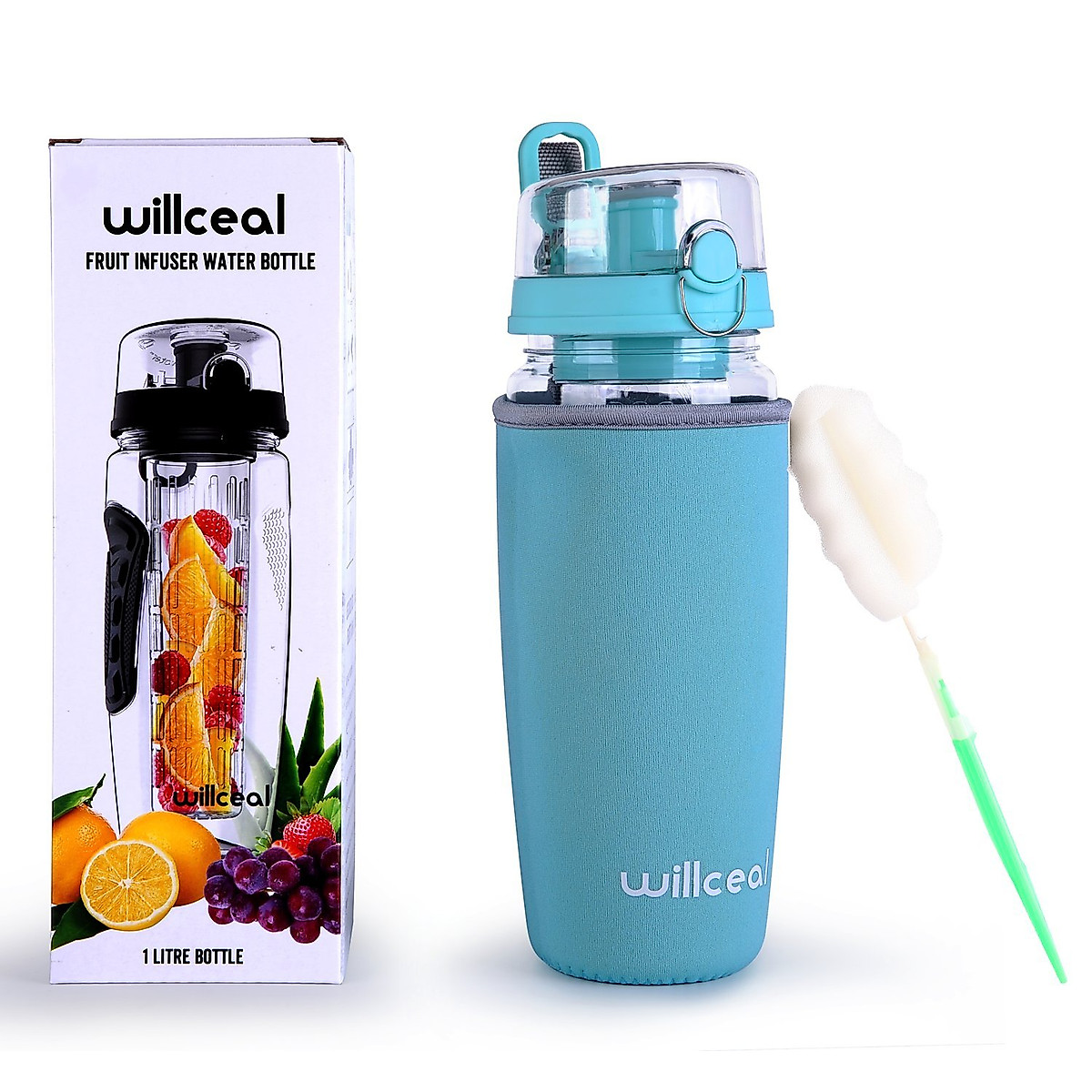 Fruit Infuser Water Bottle 32oz Willceal- Durable, Large - BPA Free Tritan, Flip Lid, Leak Proof Design - Sports, Camping (Bright Teal)
