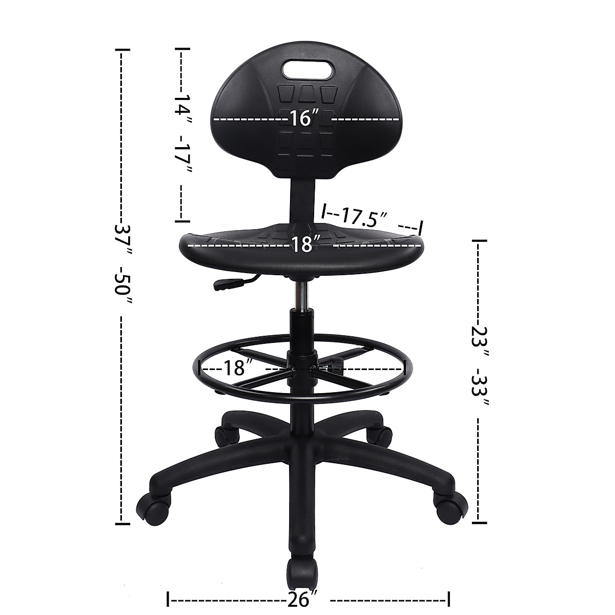 Aaron's Deluxe Polyurethane Drafting Lab Stool Chair, 18'' Adjustable Footring, 10'' Adjustable Height, 450 lb seat Capacity, Heavy Duty, Made and Built to Order here in The United States, Black