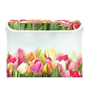 VIGTRO Tulips Flowers Garden Storage Bins with Lids Foldable Storage Boxes with 2 Handles, Summer Decorative Storage Basket Collapsible for Clothes Books