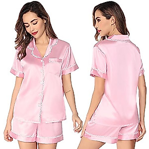 SWOMOG Family Pjs Matching Sets Satin Womens Pajama Sets Silk Pjs 2 Piece Short Sleeves Lace Button Up Pj Silky Loungewear Pink