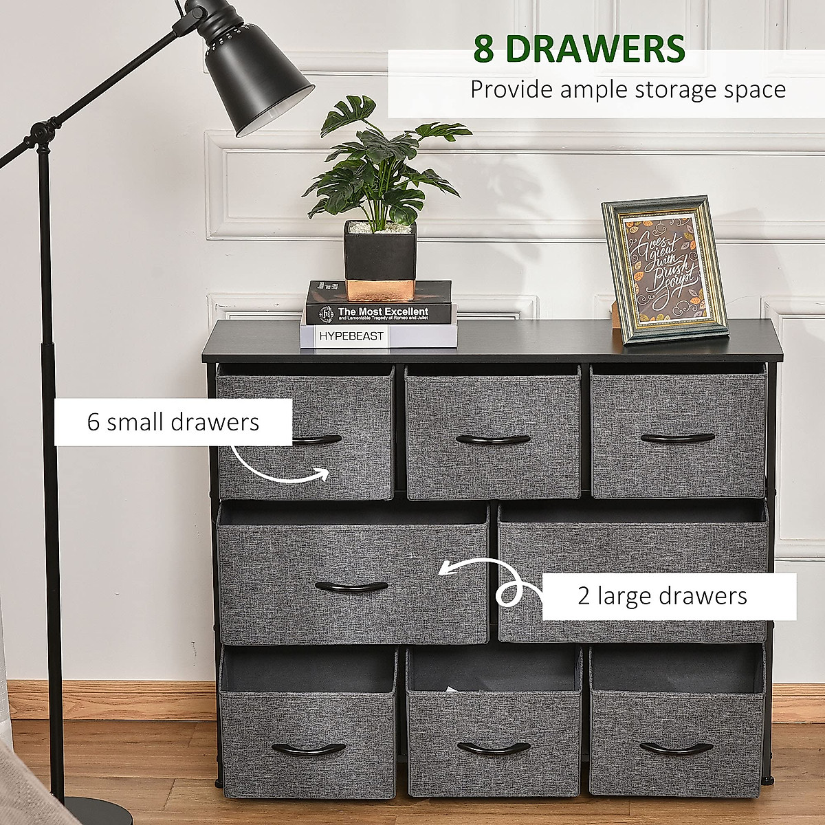 HOMCOM 8-Drawer Dresser, 3-Tier Fabric Chest of Drawers, Storage Tower Organizer Unit with Steel Frame for Bedroom, Hallway, Dark Gray