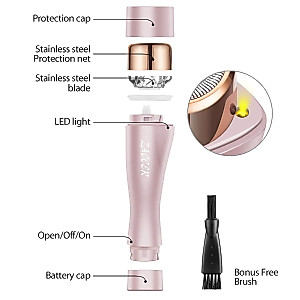 Facial Hair Remover ZACCER Painless Hair Removal for Women Waterproof Shaver Razor with LED Light (Rose)