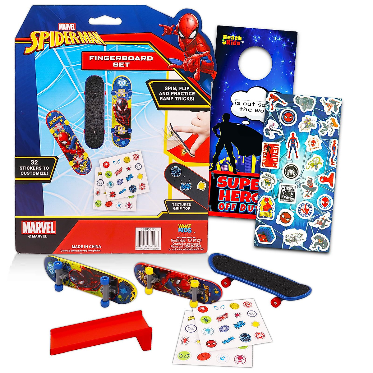 Marvel Spiderman Fingerboard Toy Set ~ 3 Pc Bundle Spiderman Finger Skateboard for Kids, Spiderman Stickers, and Door Hanger (Superhero Party Favors)