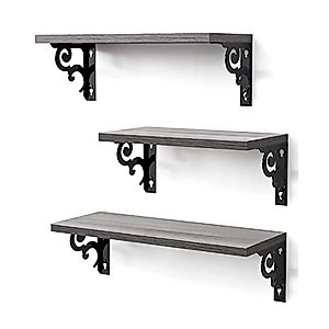AMADA HOMEFURNISHING Floating Shelves, Grey Wall Shelves for Bedroom, Bathroom, Kitchen, Living Room, Shelves for Wall Decor Set of 3, Waterproof - AMFS21