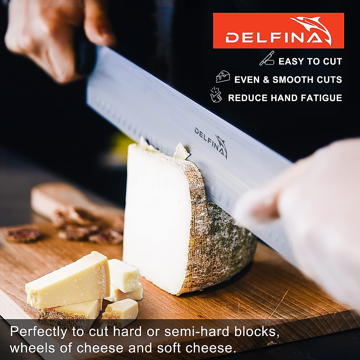 DELFINA 15 Inch Double Handle Cheese Knife with Blade Protector, Stomatal Blade with 5" Plastic Comfortable Handles, Cheese Knife for Cheese,Cakes,Vegetables,Butter,Soaps