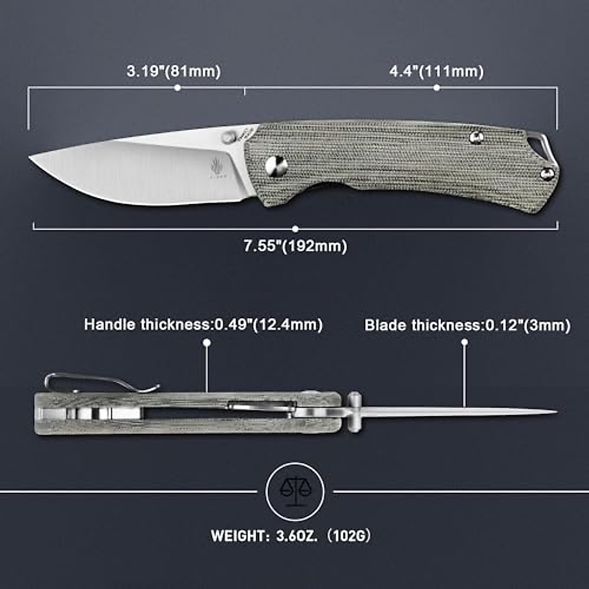 Kizer T1 EDC Knife, 3.19 Inches 154CM Steel Green Micarta Handle Folding Pocket Knife, V3490C1