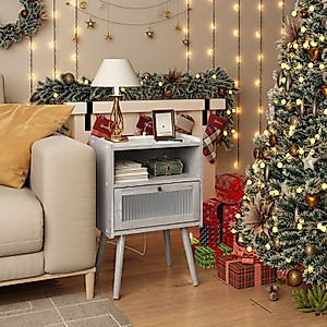 Mid Century Modern Nightstand with Charging Station, Bedside Tables with Glass Door, End Table Side Table with 2 Tiers Storage Space, for Bedroom, Living Room, Light Grey