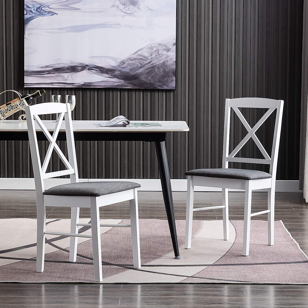 DUHOME Dining Chairs Set of 2 Wood Dining Room Chair with Cross Back, Kitchen Room Chair Side Chair, White Base with Grey Cushion