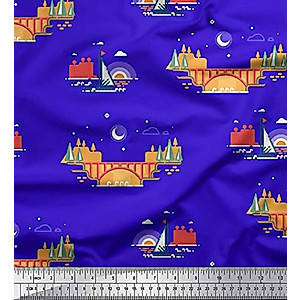 Soimoi Blue Cotton Canvas Fabric Bridge & Yacht Nautical Print Fabric by The Yard 56 Inch Wide