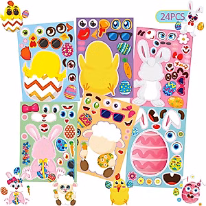 YNERHAI 24sheets Easter Stickers Gifts for Kids, Easter Craft Kids Toys Can Make Own Face Easter Bunny Sheep Rabbit Colored Egg Chicks for Child Boys Girls School Game Activities Party Favor Supplies